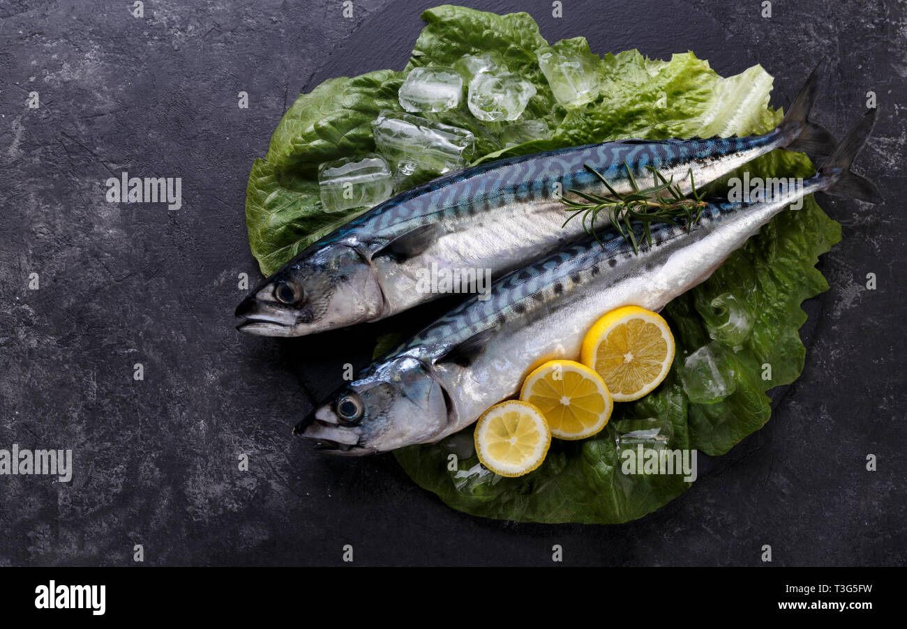 Raw Mackerel fish with lemon and spices on black stone background, top ...