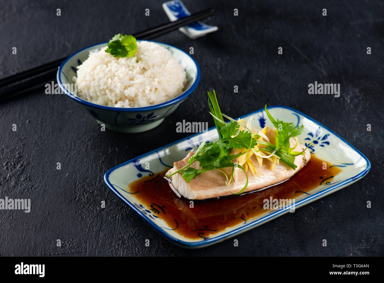 chinese style, fish steamed with soy sauce with ingredient Stock Photo ...