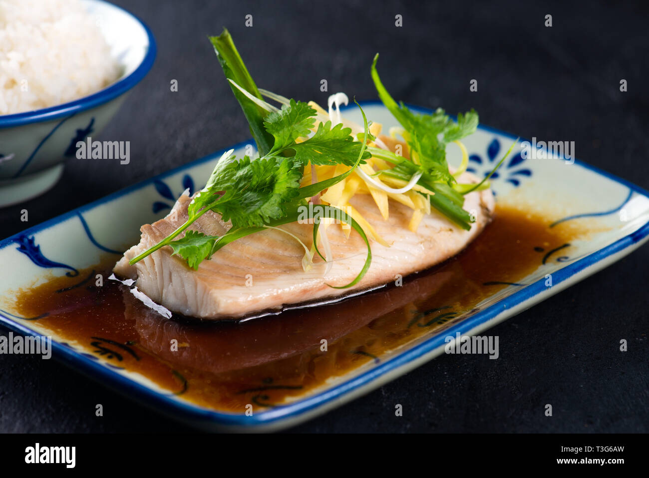 chinese style, fish steamed with soy sauce with ingredient Stock Photo ...