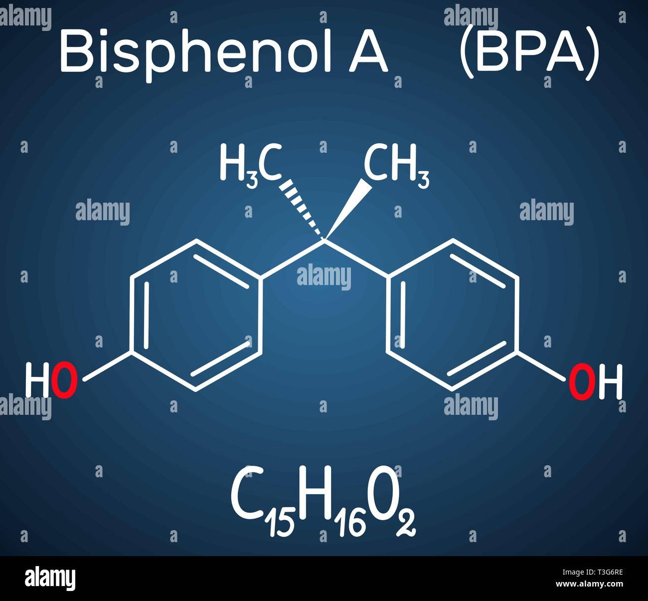 Bisphenol A (BPA) molecule. Structural chemical formula on the dark ...