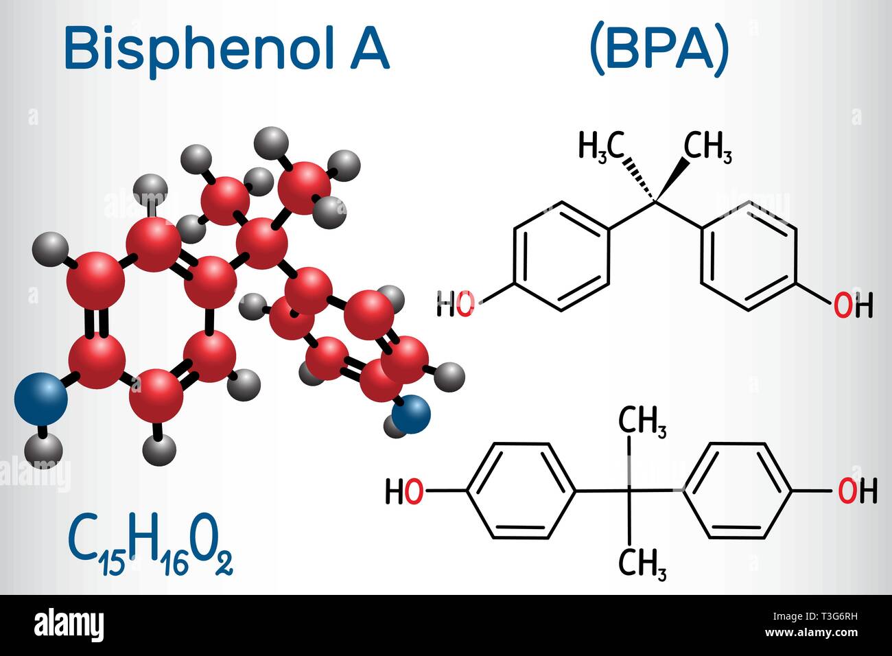 Bisphenol A (BPA) molecule. Structural chemical formula and molecule ... Bisphenol A (BPA) molecule. Structural chemical formula and molecule ...