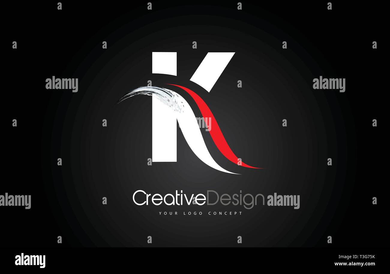 White and Red K Letter Design Brush Paint Stroke. Letter Logo on Black ...