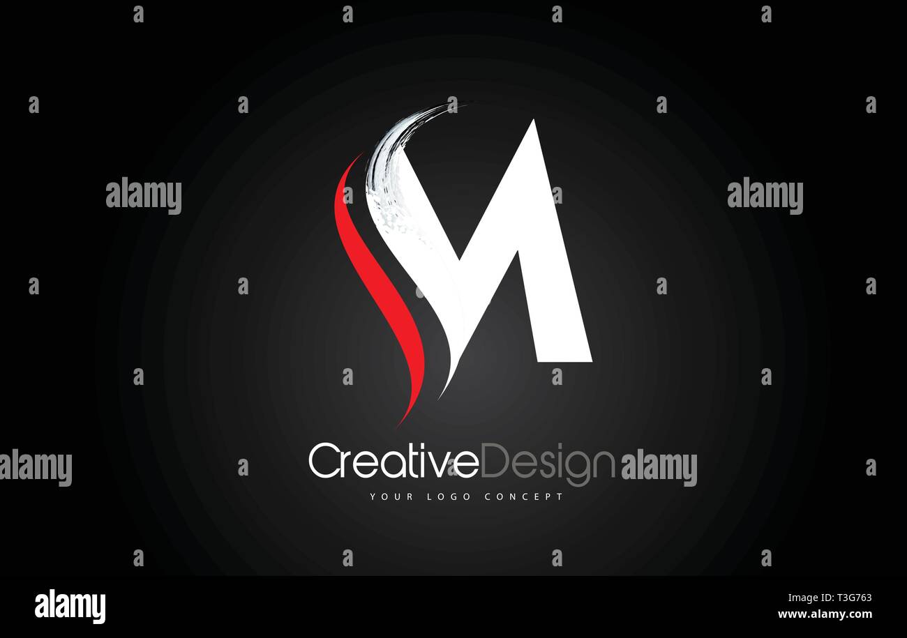 White and Red M Letter Design Brush Paint Stroke. Letter Logo on Black ...