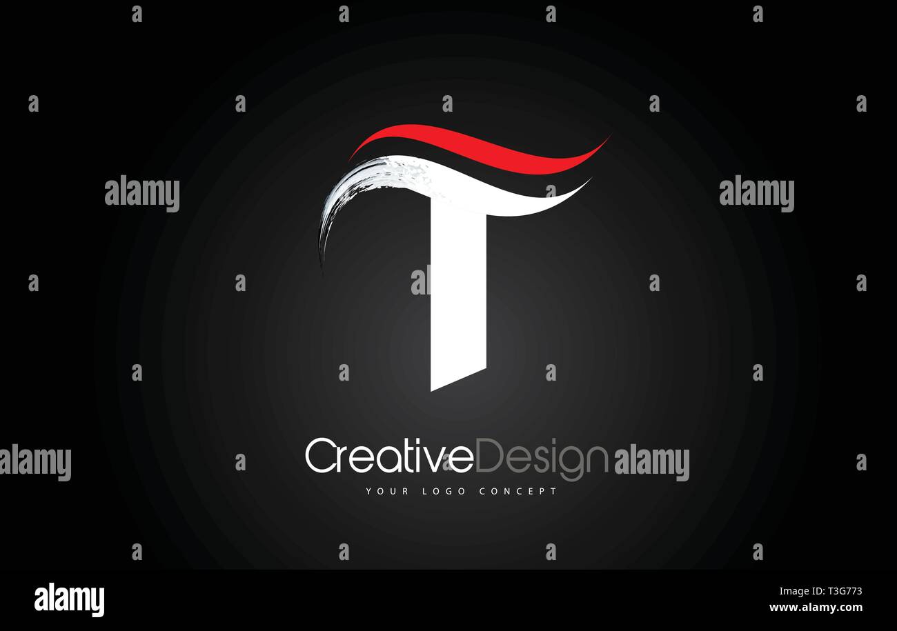 White and Red T Letter Design Brush Paint Stroke. Letter Logo on Black ...