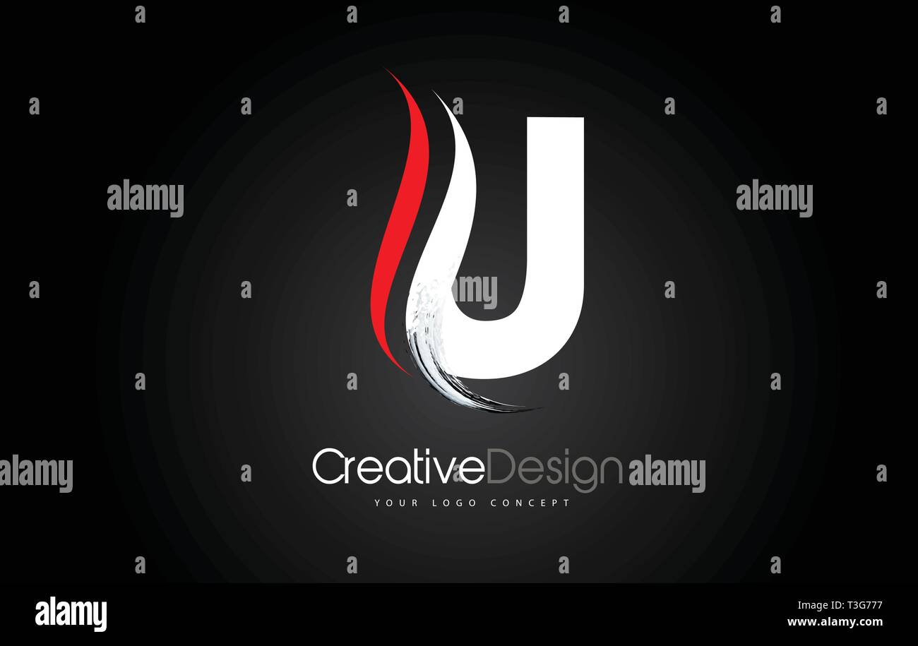 White and Red U Letter Design Brush Paint Stroke. Letter Logo on Black ...