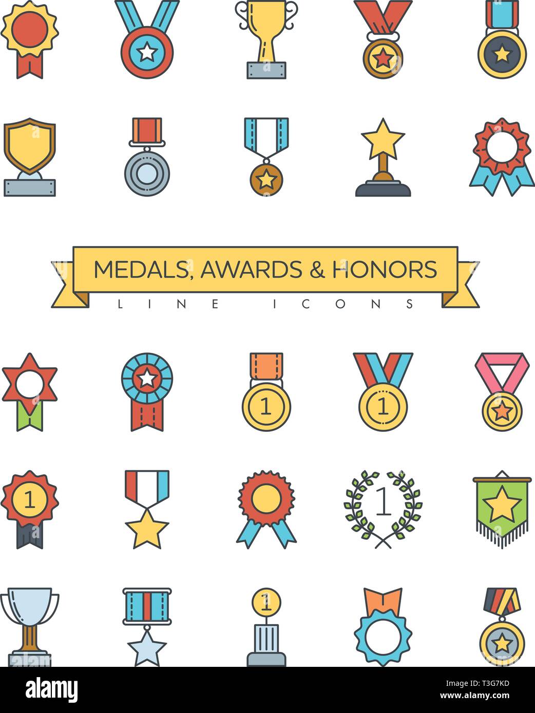 Collection of medal, awards, cups and honors filled line icons vector ...