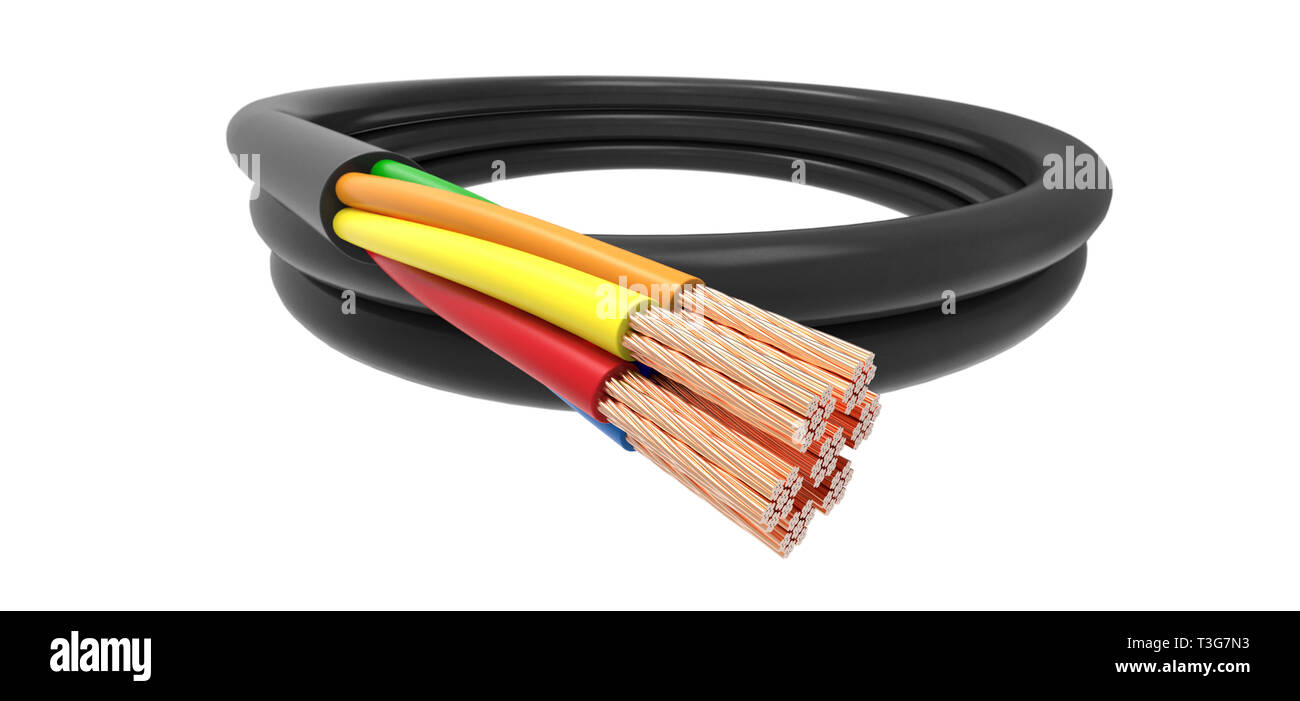 electric wire coiled with six cables on a white background, 3D ...