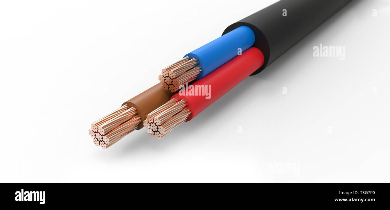 electric wire with three cables on a white background Stock Photo - Alamy