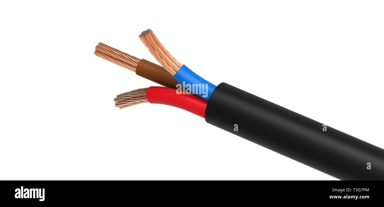 electric wire with three cables on a white background Stock Photo - Alamy
