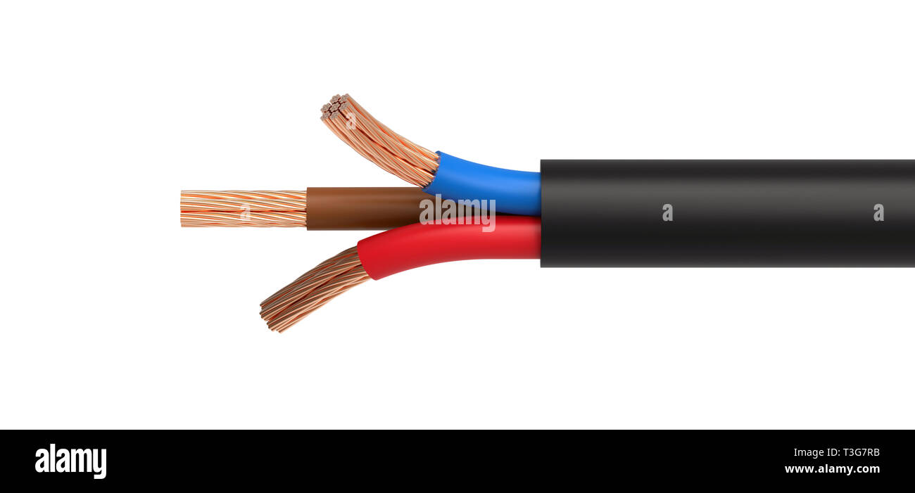 electric wire with three cables on a white background Stock Photo - Alamy
