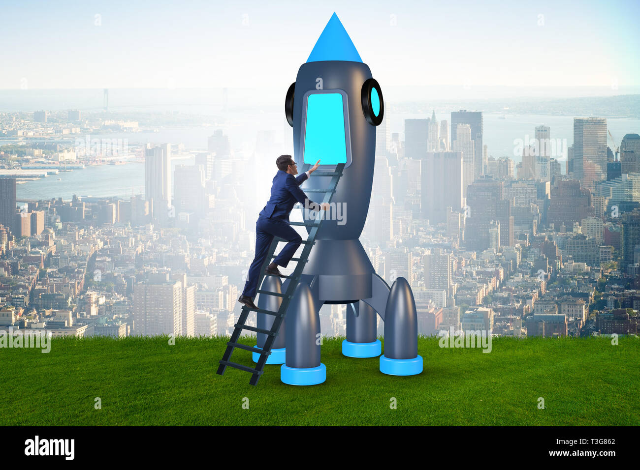 Young businessman boarding space rocket in start-up concept Stock Photo ...