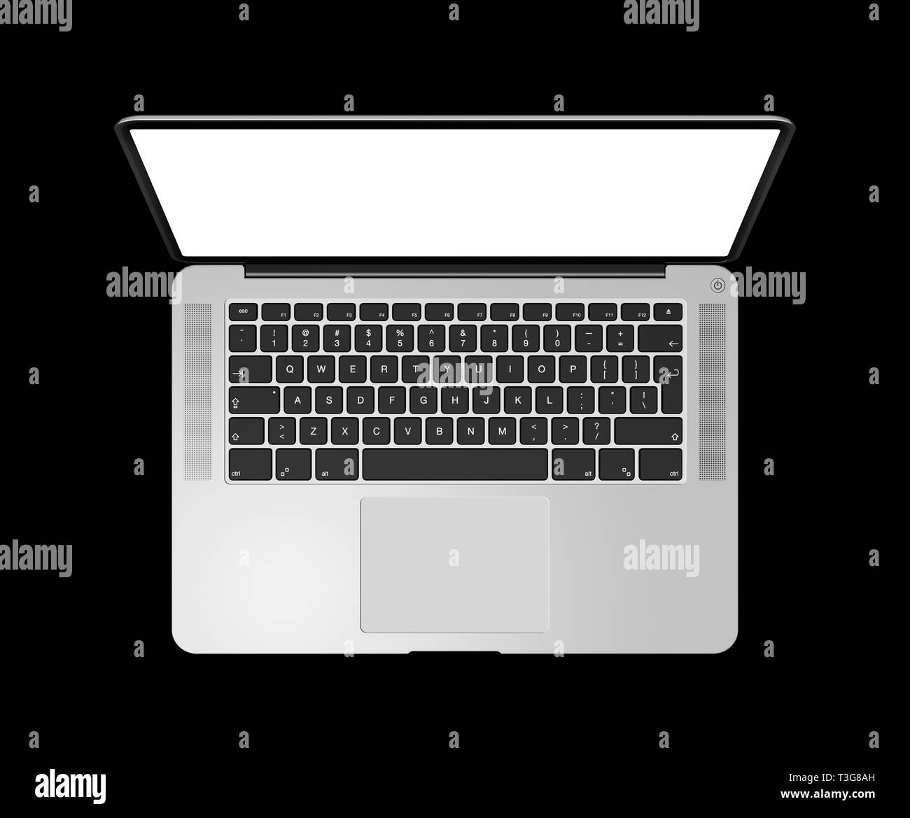 Open laptop top view with blank screen, isolated on black. 3D render ...