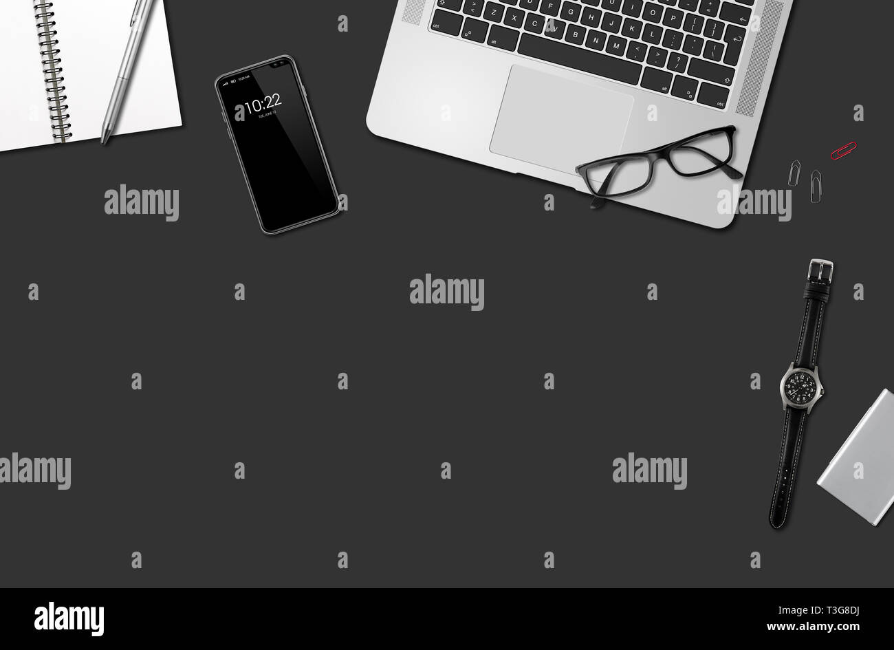 Modern office desk mockup top view isolated on black Stock Photo - Alamy