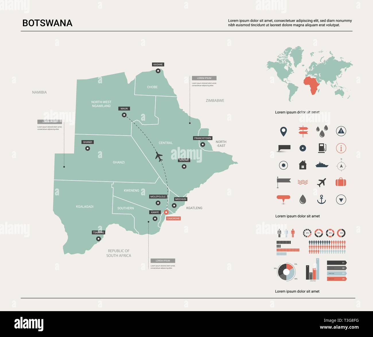 Vector map of Botswana. High detailed country map with division, cities ...