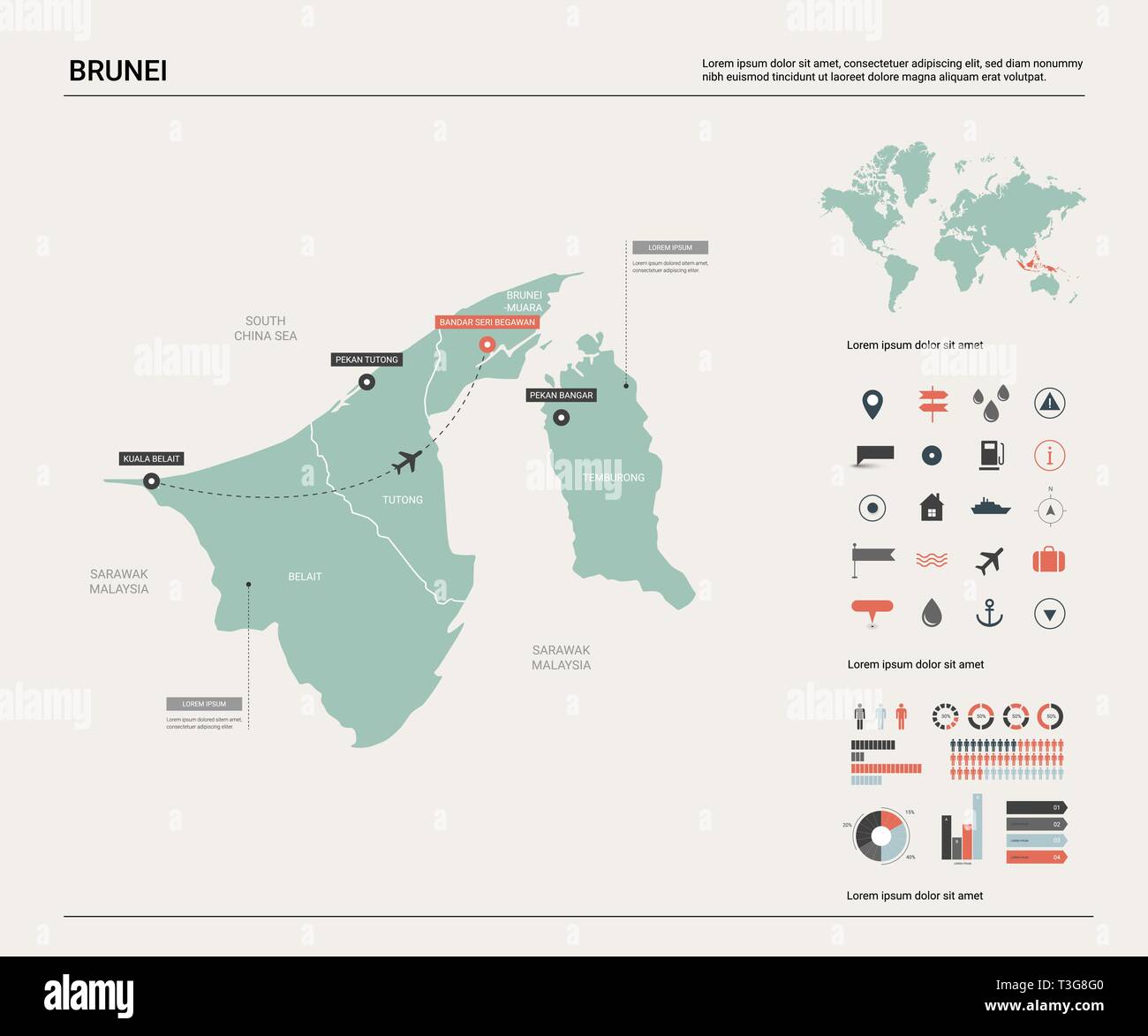Vector map of Brunei. High detailed country map with division, cities ...