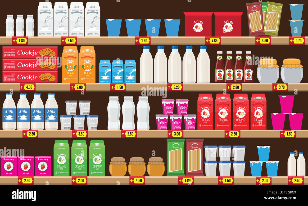 Supermarket, shelf with food and drinks package boxes. Price tag on ...