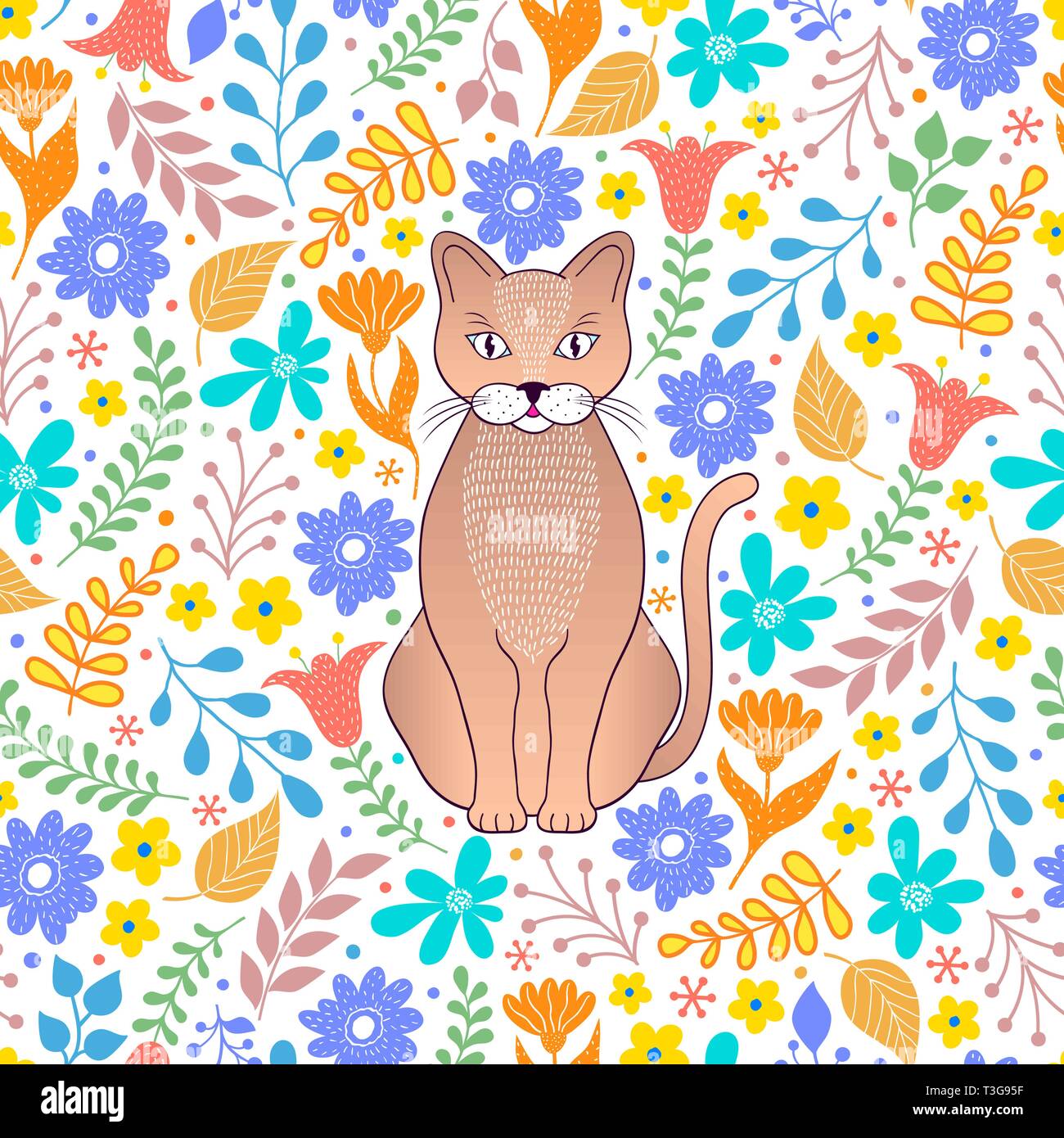 Pattern with cat and flowers on white background Stock Vector Image ...