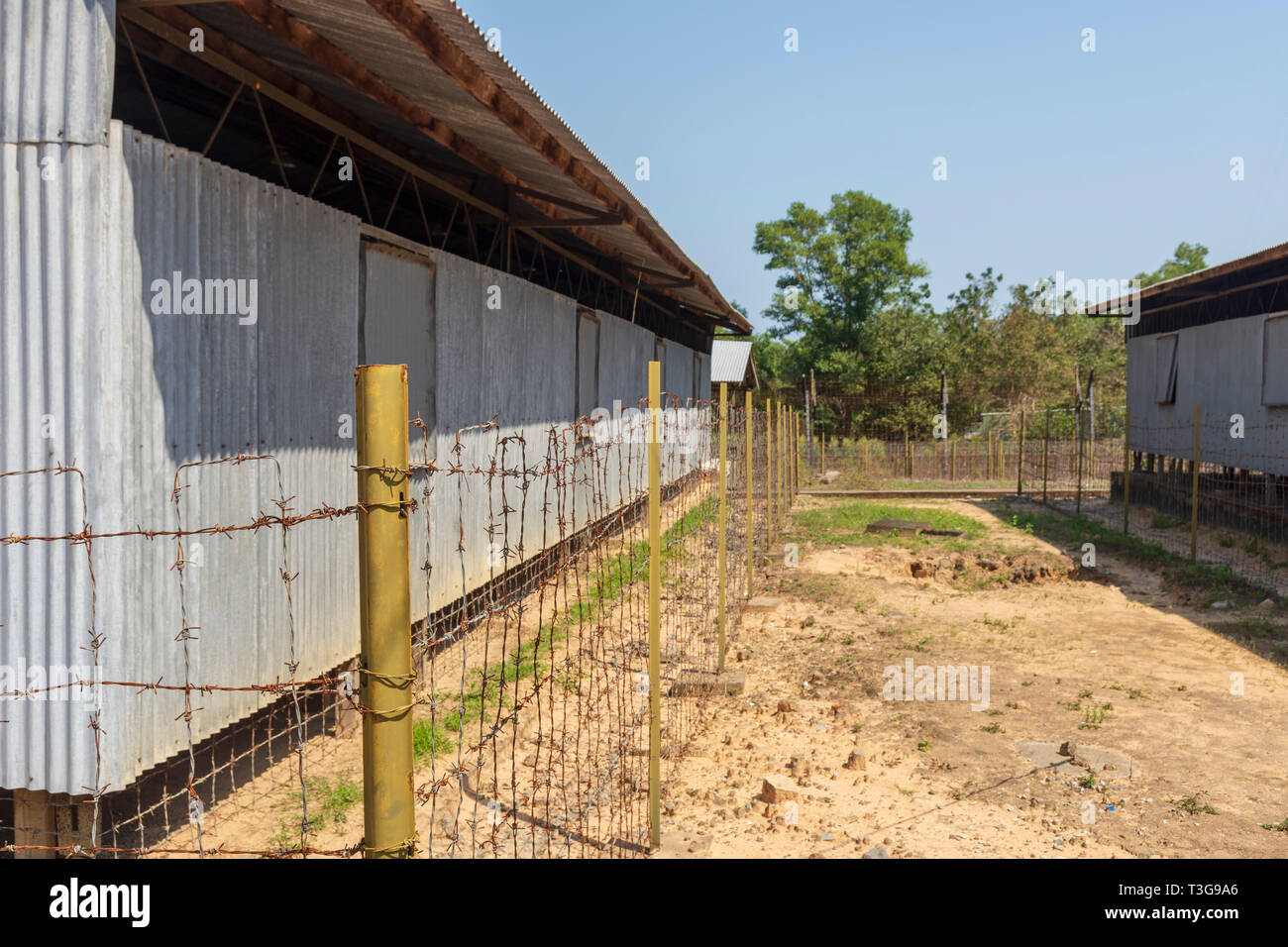 Fence with barbed wire and prison barracks on Phu Quoc Prison, Vietnam ...