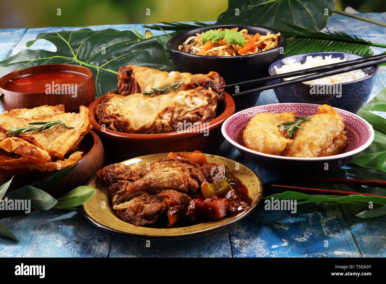 Assorted Chinese food set. Chinese noodles, fried rice, peking duck ...