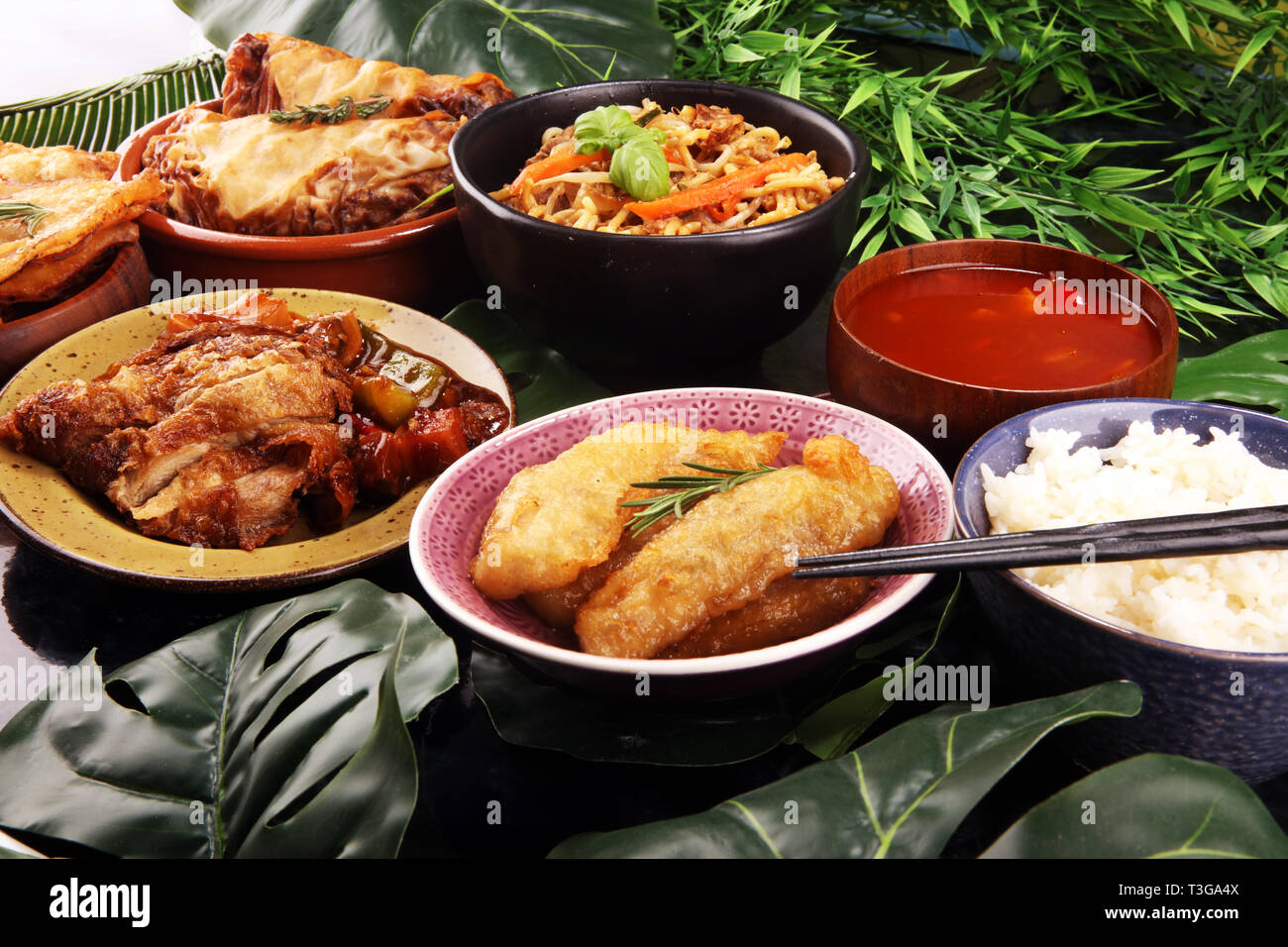 Assorted Chinese food set. Chinese noodles, fried rice, peking duck ...