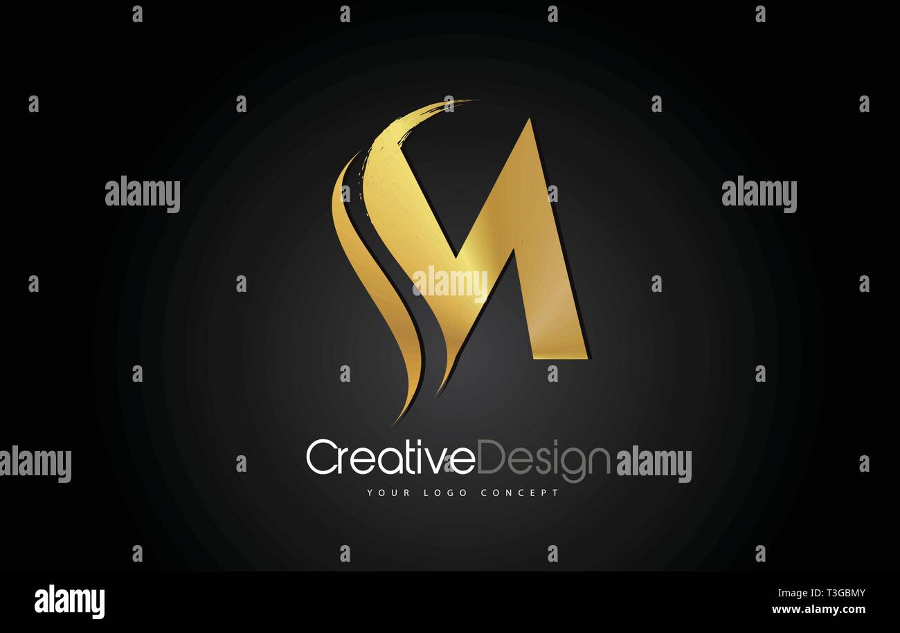 Gold Metal M Letter Design Brush Paint Stroke. Letter Logo on Black ...