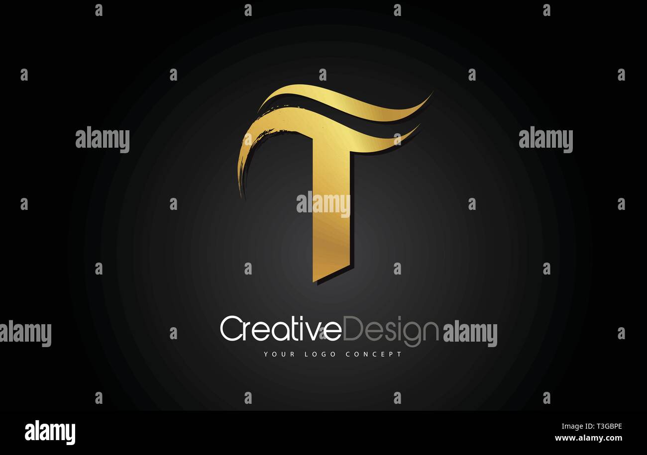 Gold Metal T Letter Design Brush Paint Stroke. Letter Logo on Black ...