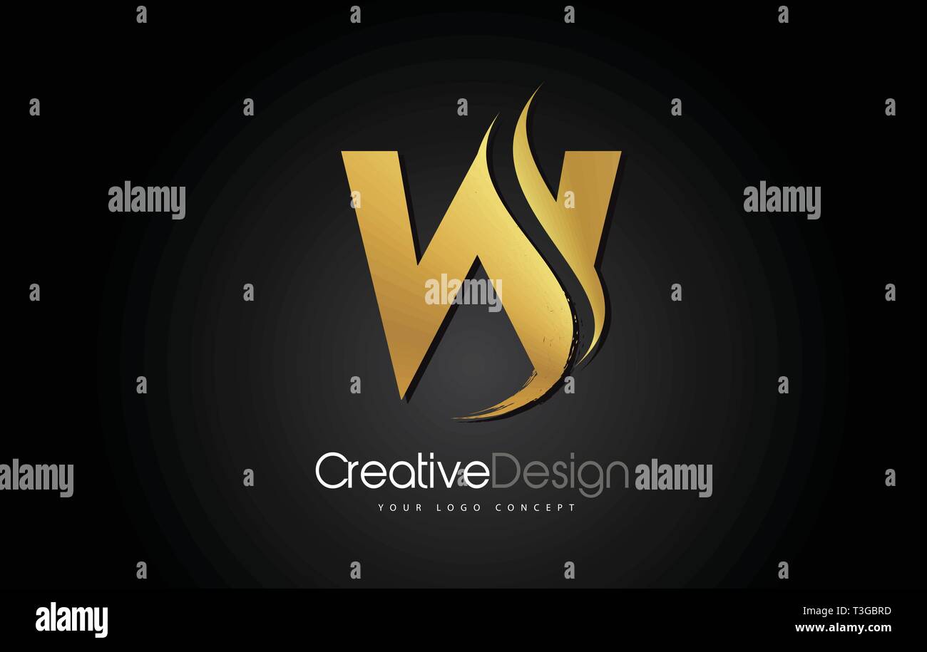 Gold Metal W Letter Design Brush Paint Stroke. Letter Logo on Black ...