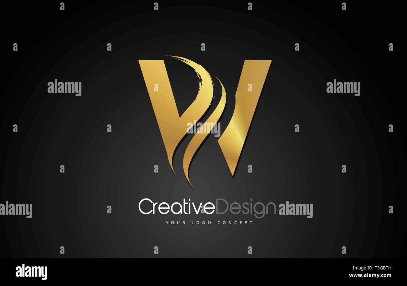 Gold Metal W Letter Design Brush Paint Stroke. Letter Logo with Black ...