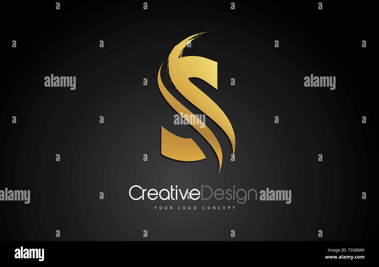 Gold Metal S Letter Design Brush Paint Stroke. Letter Logo on Black ...