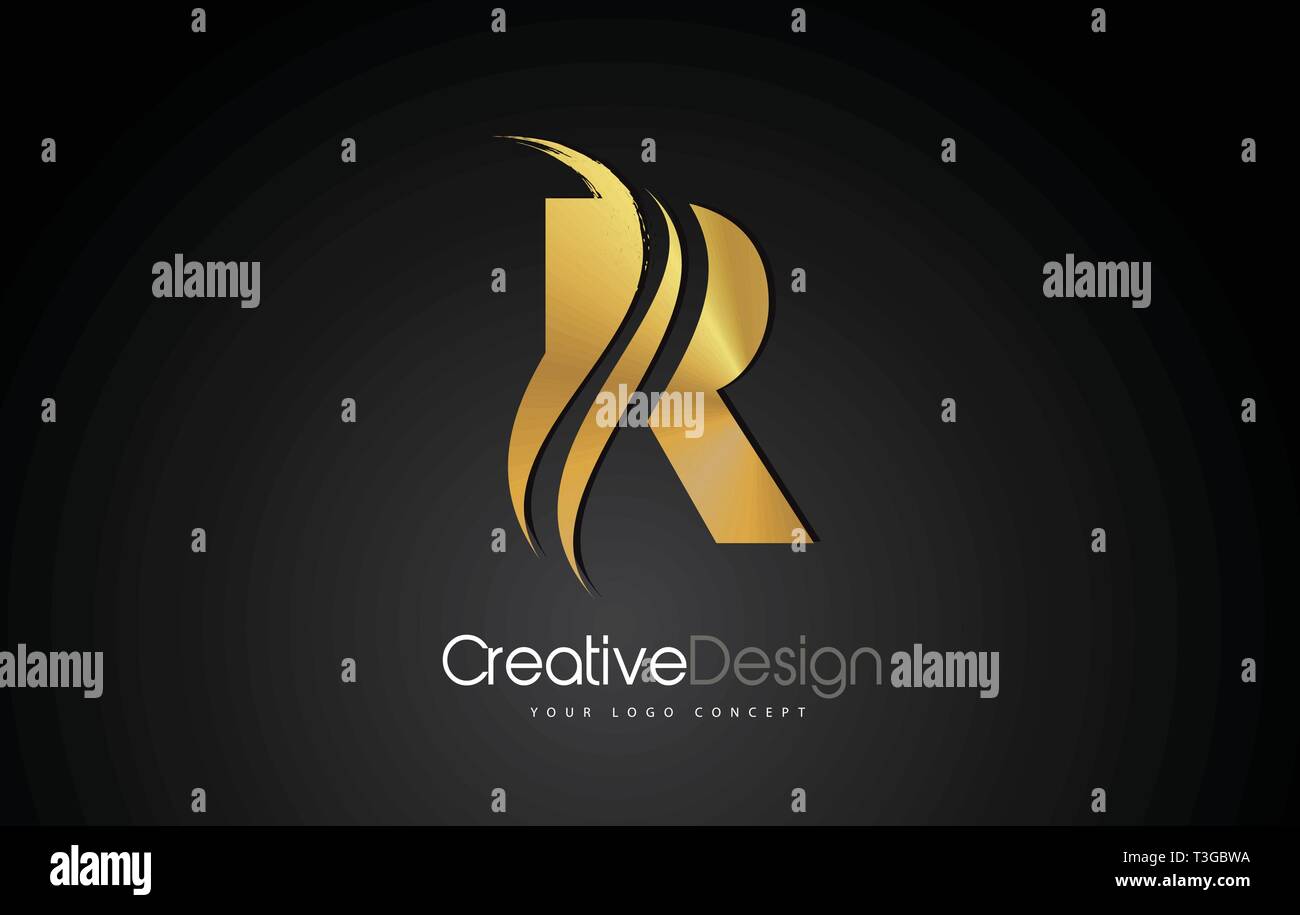 Gold Metal R Letter Design Brush Paint Stroke. Letter Logo with Black ...