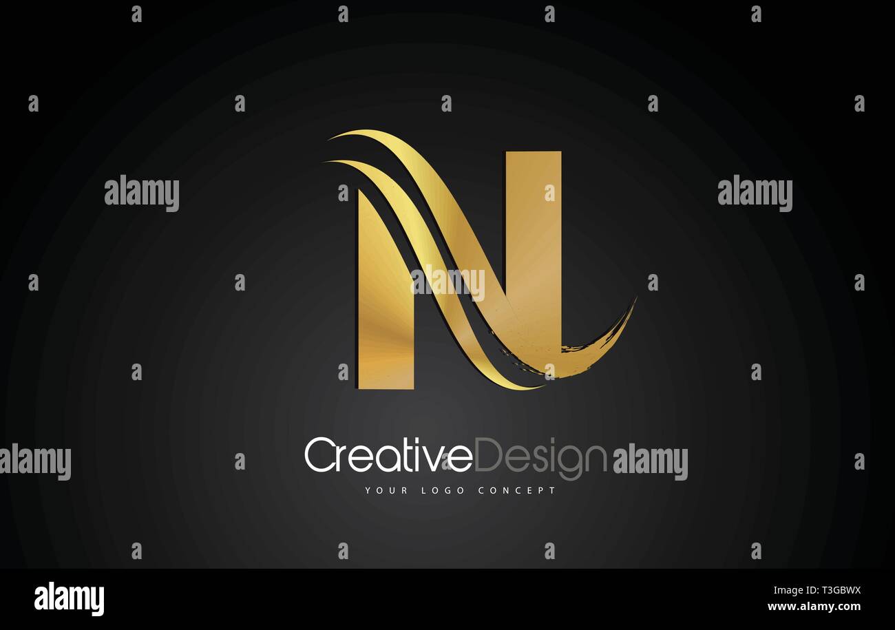 Gold Metal N Letter Design Brush Paint Stroke. Letter Logo with Black ...