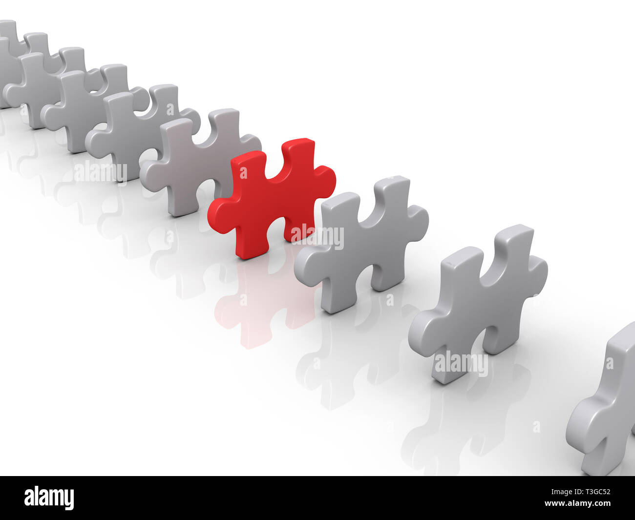 Many puzzle pieces in a row and one is of different color Stock Photo ...