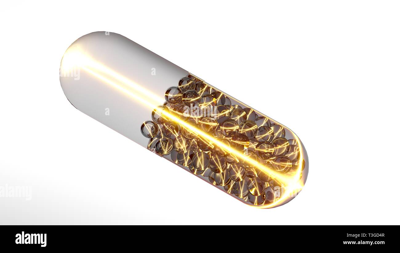 Beautiful capsule pills (3d rendered ) with shining transparent gel ...