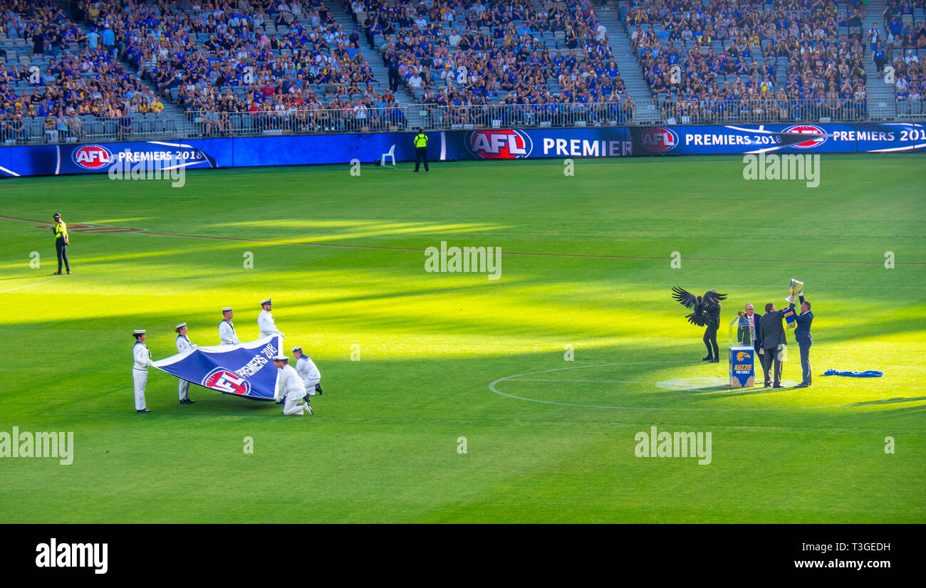Australian Navy seamen carrying the 2018 AFL Premiership Flag at Optus ...