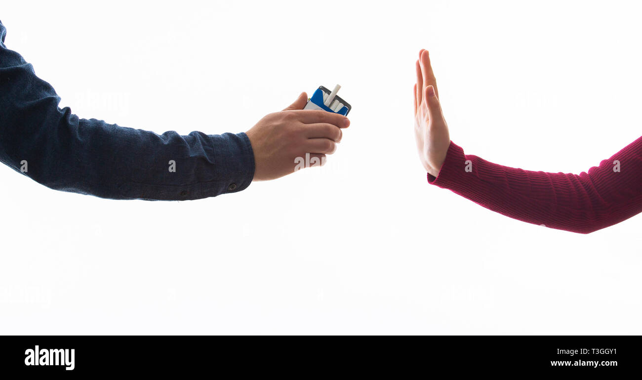 Young Woman Refusing To Take Cigarette From Pack. Female Showing Stop ...