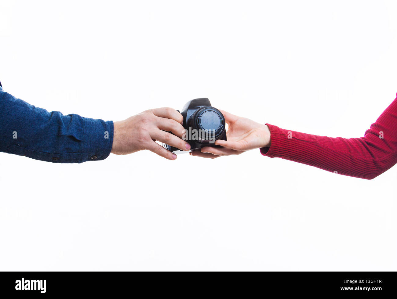 Man hand giving woman digital camera present. Image of digital camera ...