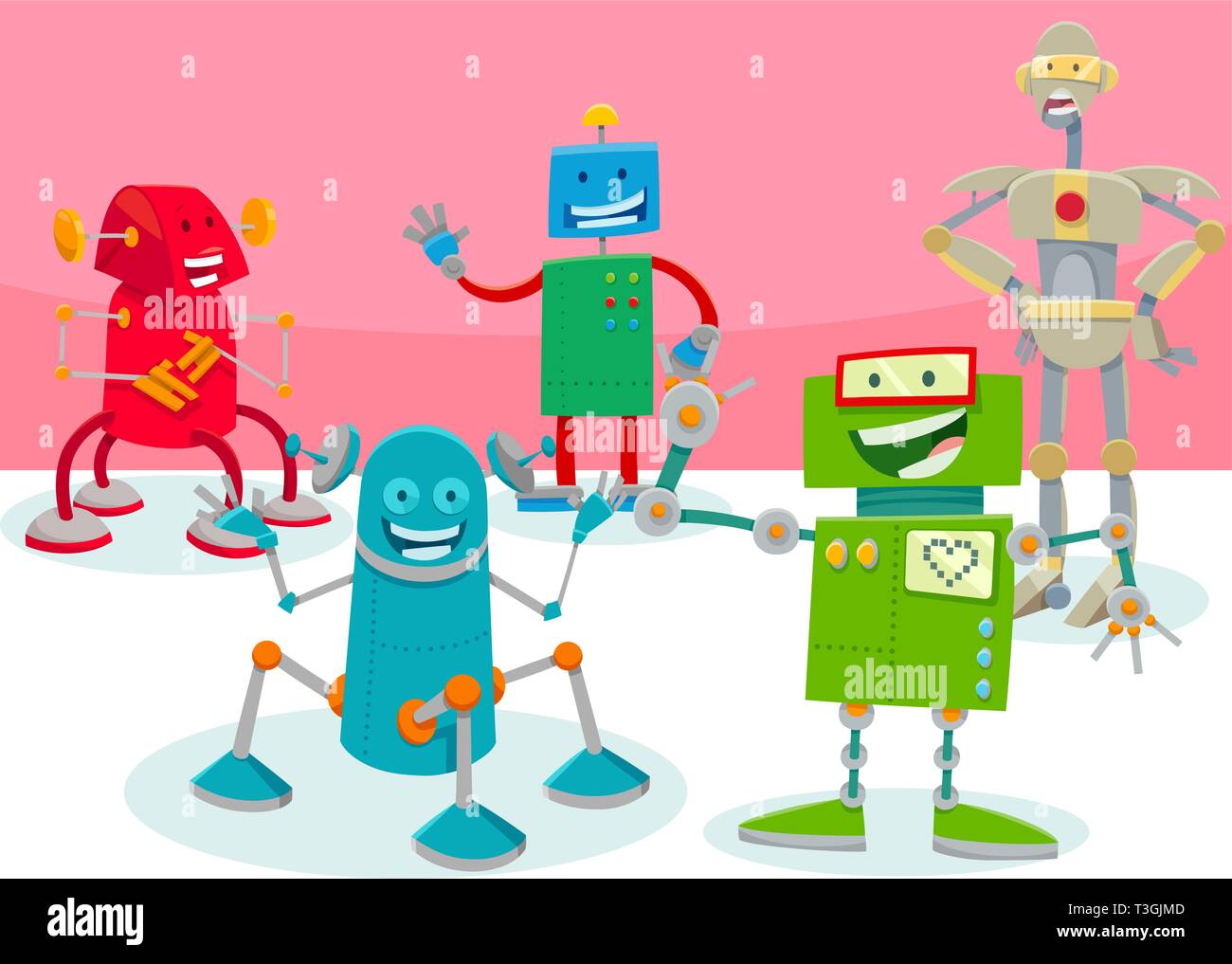 Cartoon Illustration of Happy Robots or Droids Fantasy Characters Stock ...