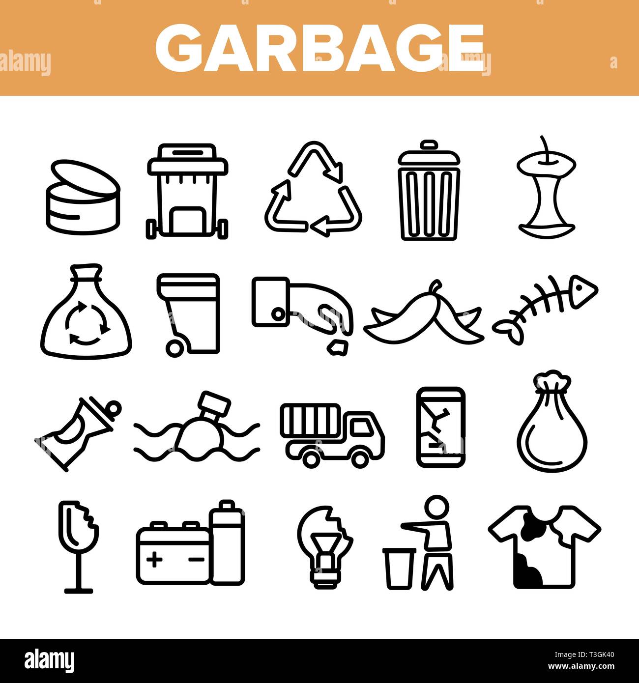 Garbage Recycling Linear Vector Icons Set Thin Pictogram Stock Vector ...