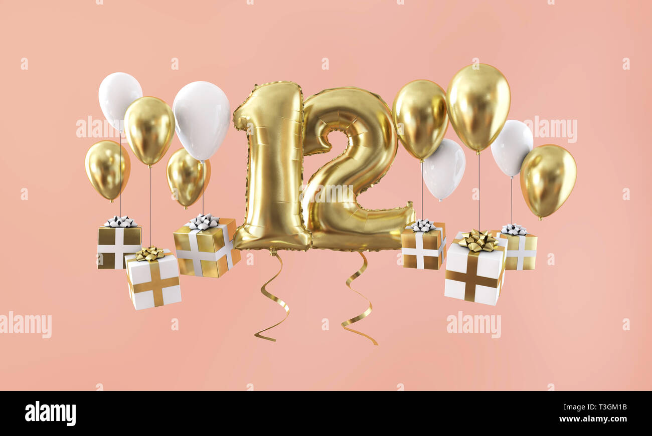 Number 12 birthday celebration gold balloon with presents. 3D Render ...