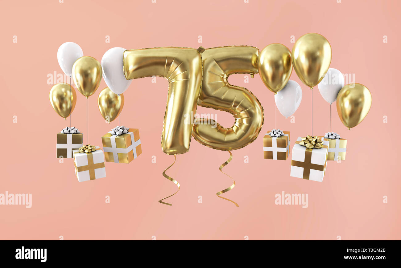 Number 75 birthday celebration gold balloon with presents. 3D Render ...