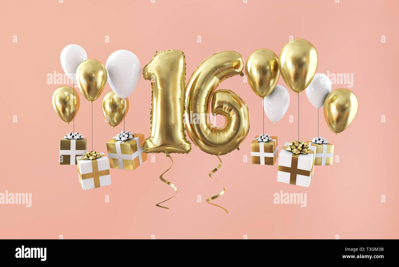 Number 16 birthday celebration gold balloon with presents. 3D Render ...