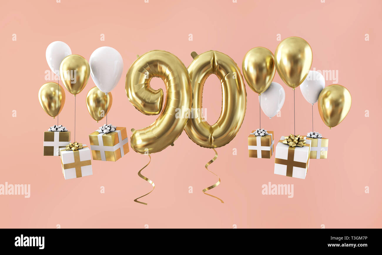 Number 90 birthday celebration gold balloon with presents. 3D Render ...