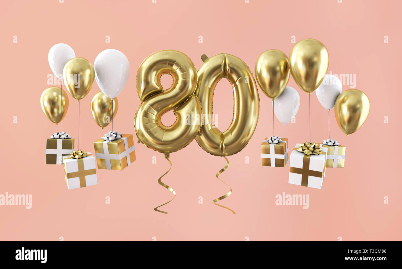 Number 80 birthday celebration gold balloon with presents. 3D Render ...