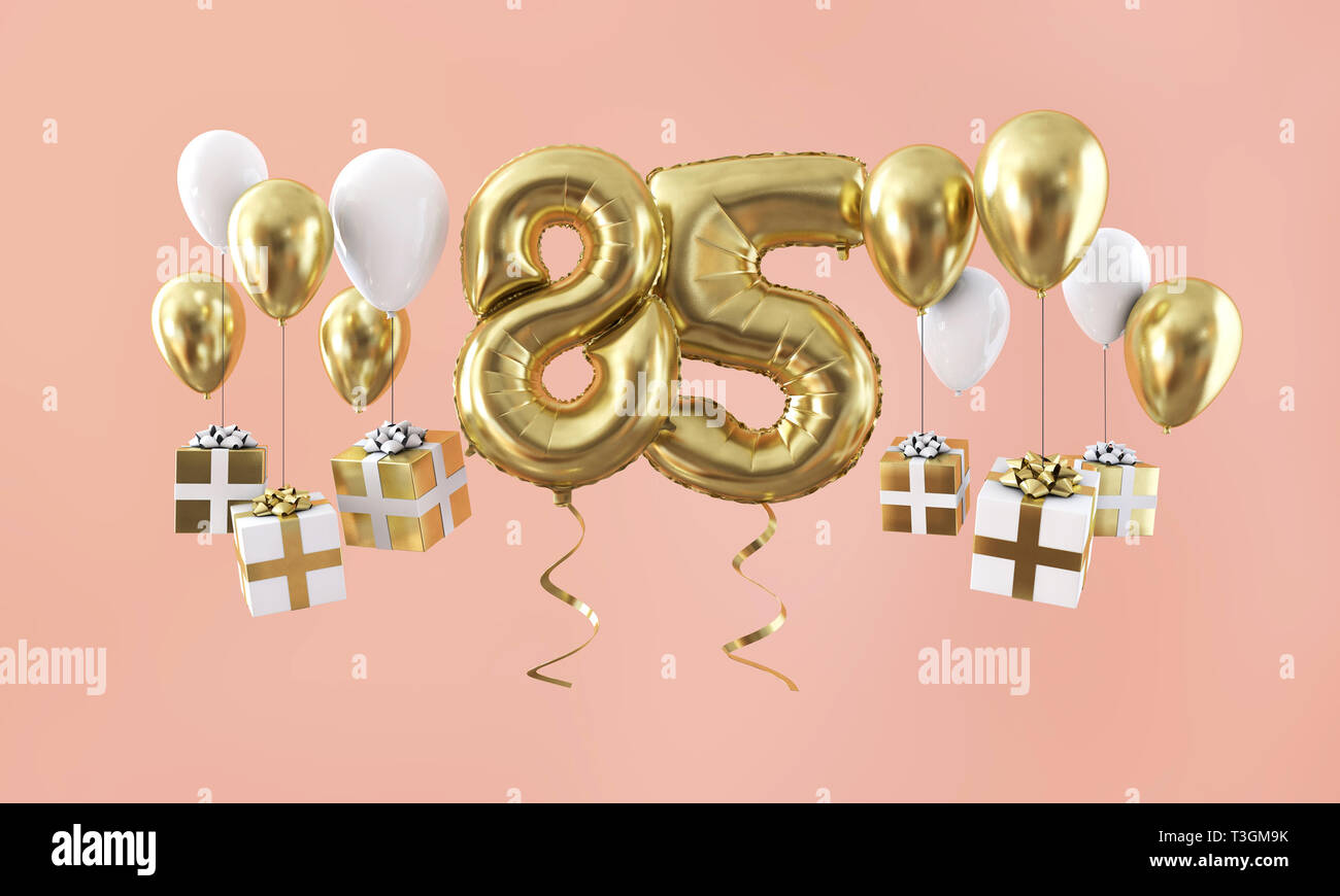 Number 85 birthday celebration gold balloon with presents. 3D Render ...