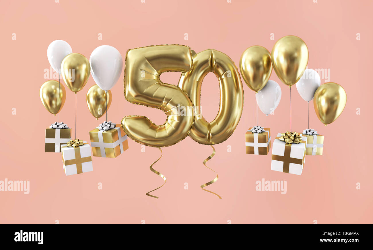Number 50 birthday celebration gold balloon with presents. 3D Render ...