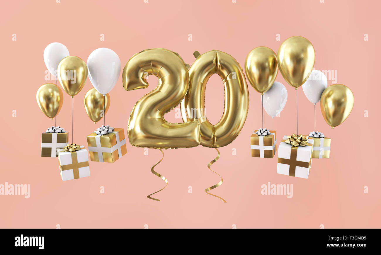 Number 20 birthday celebration gold balloon with presents. 3D Render ...
