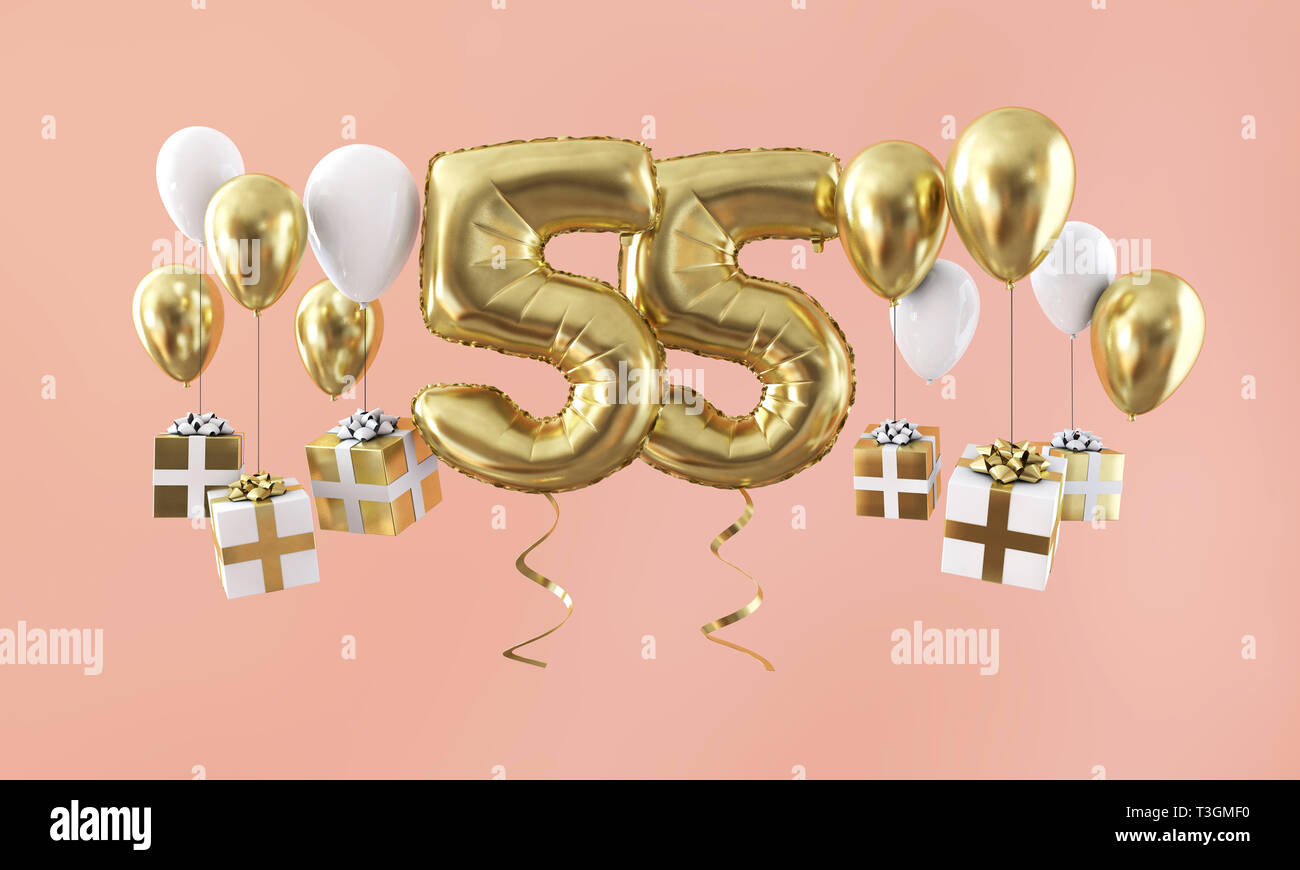 Number 55 birthday celebration gold balloon with presents. 3D Render ...
