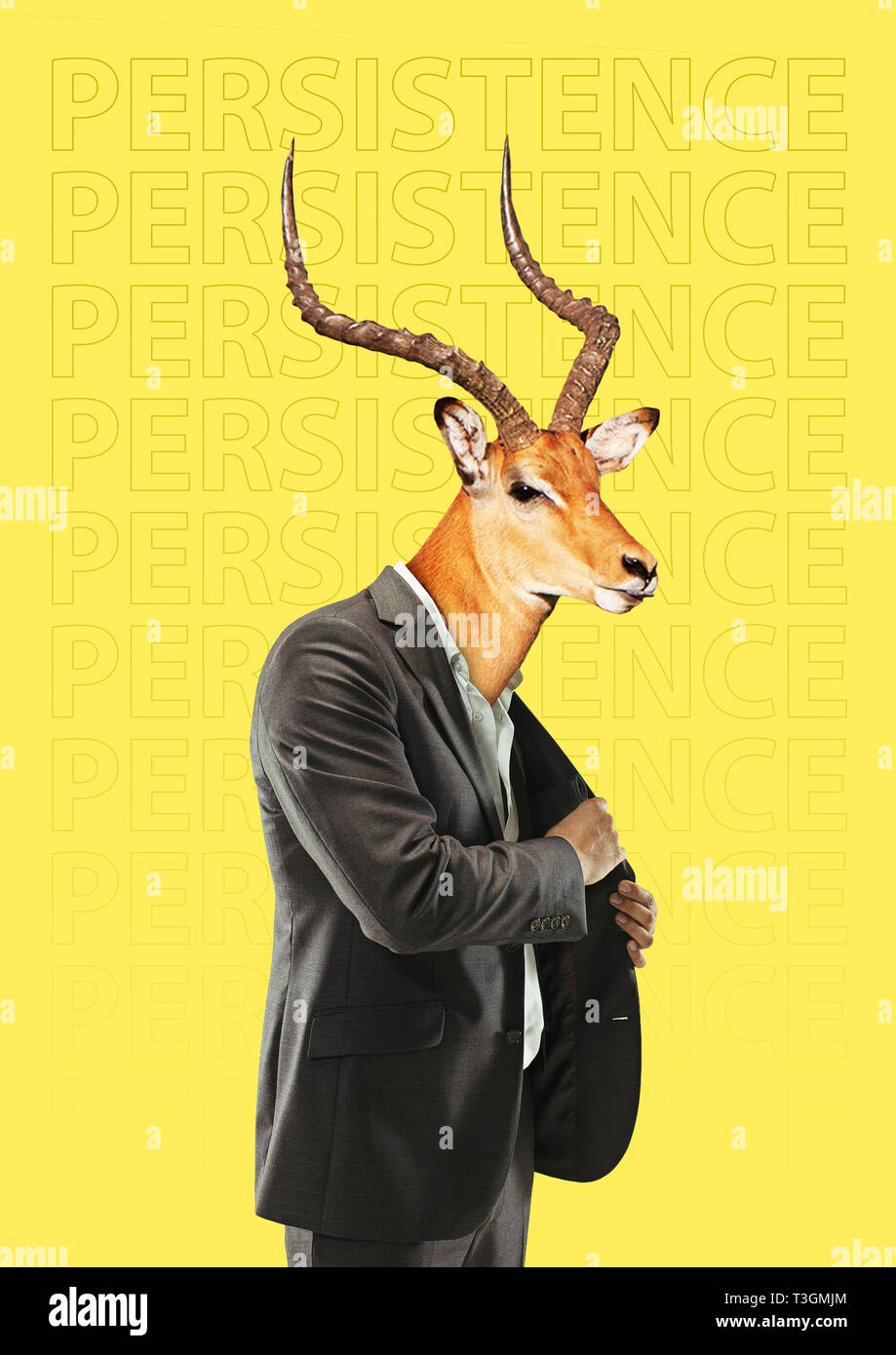 Persistent and stubborn man. Male body in business suit with the deer ...