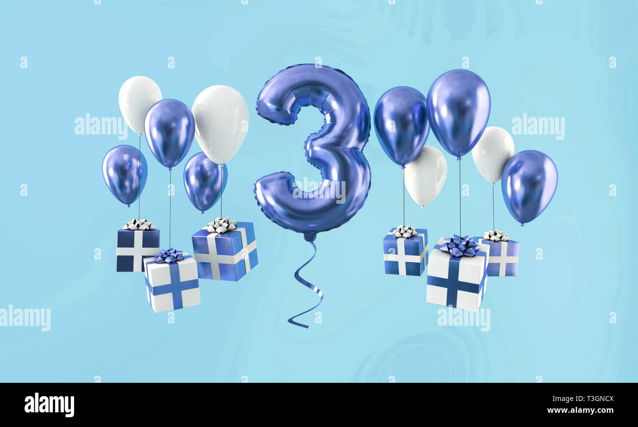Number 3 birthday celebration gold balloon with presents. 3D Render ...