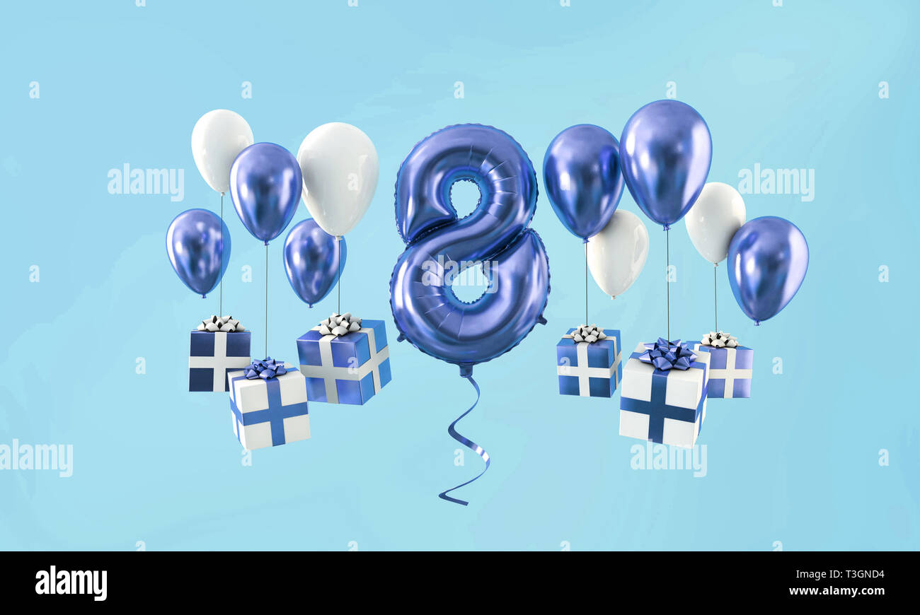 Number 8 birthday celebration gold balloon with presents. 3D Render ...